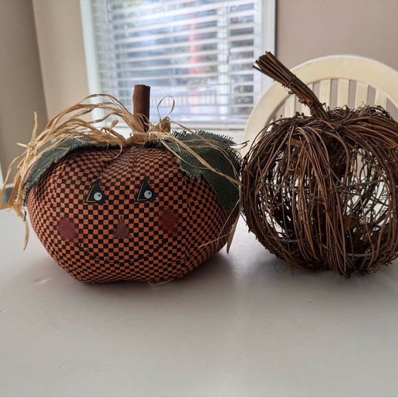 Accents | Decorative Set Of Two Rustic Pumpkins Checkered Fabric ...